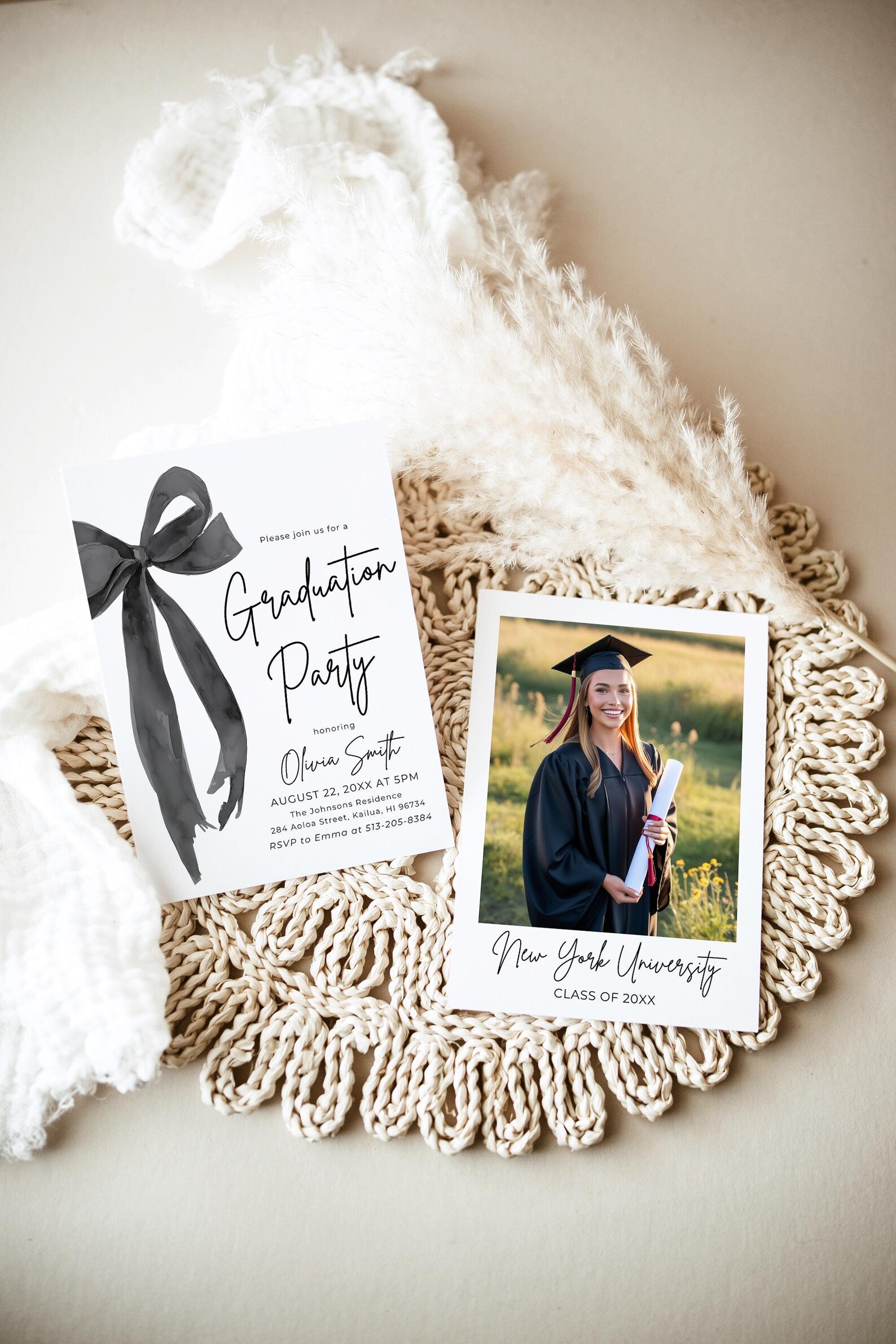 Black Bow Graduation Invitation Template, Class 2025 Graduate, Modern ...