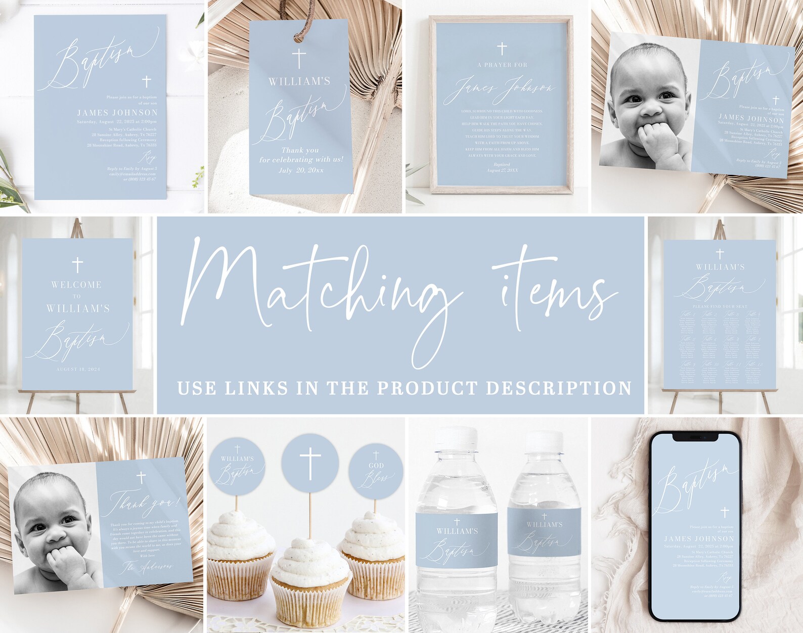 Editable Dusty Blue Baptism Custom Sign Template, White Cross Dusty ...