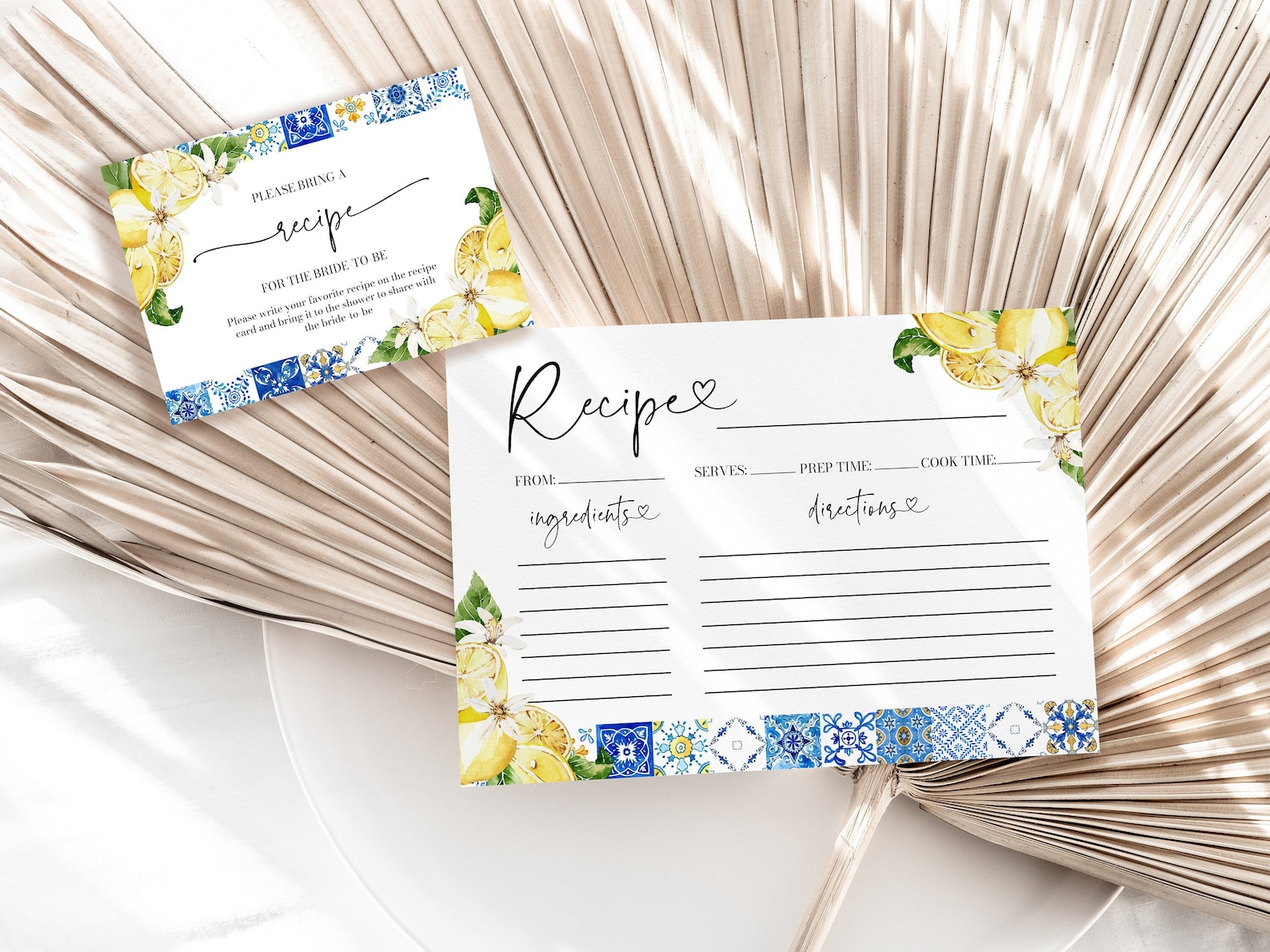 Italian Blue Tile Lemon Bridal Shower Recipe Card Template ...