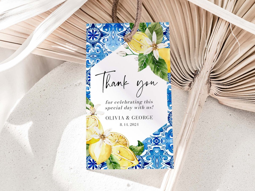 Positano Blue Tile Lemon Wedding Favor Tag Template, Mediterranean ...