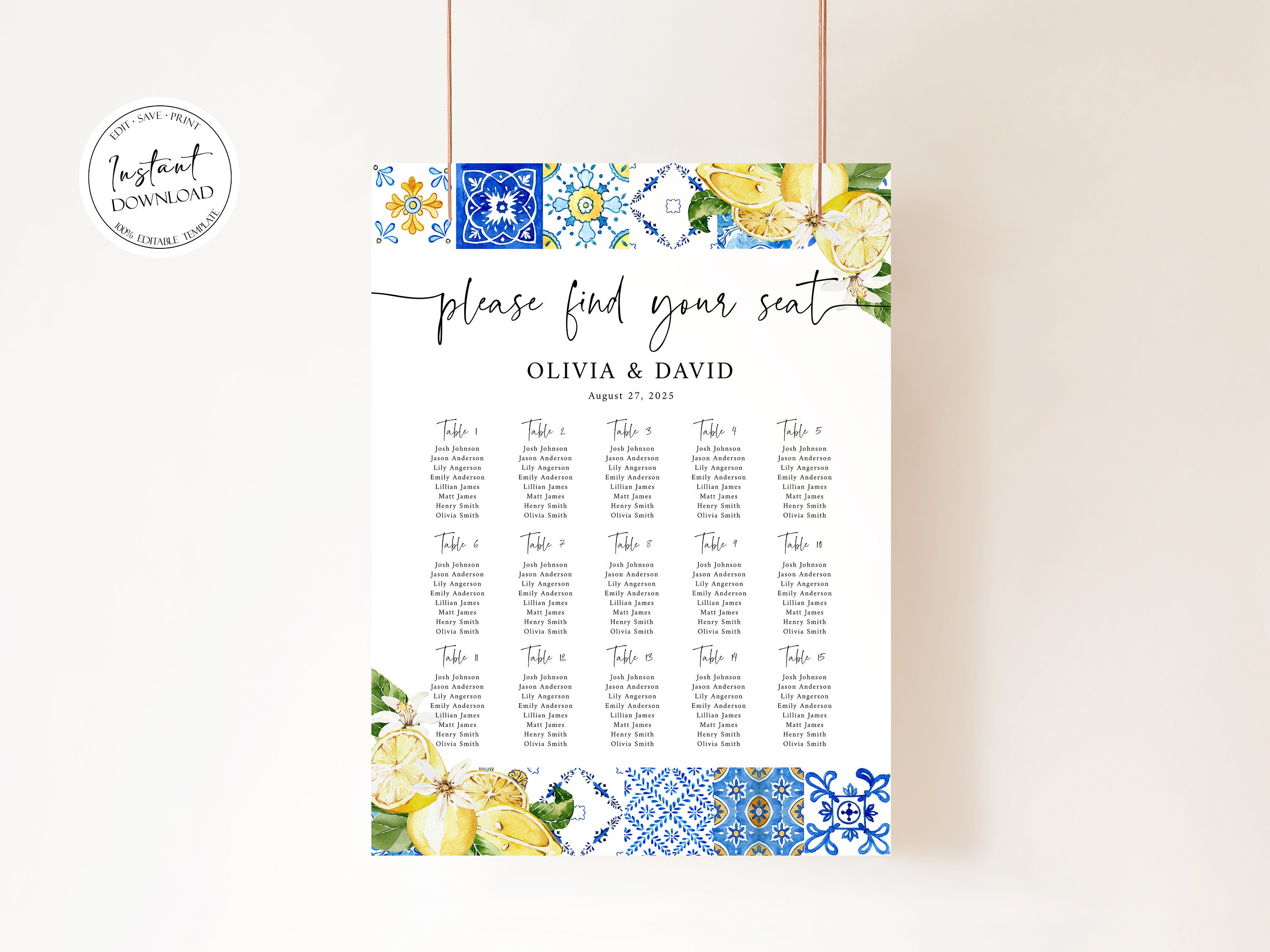 Blue Tiles Lemon Seating Chart, Printable Mediterranean Wedding Seating ...