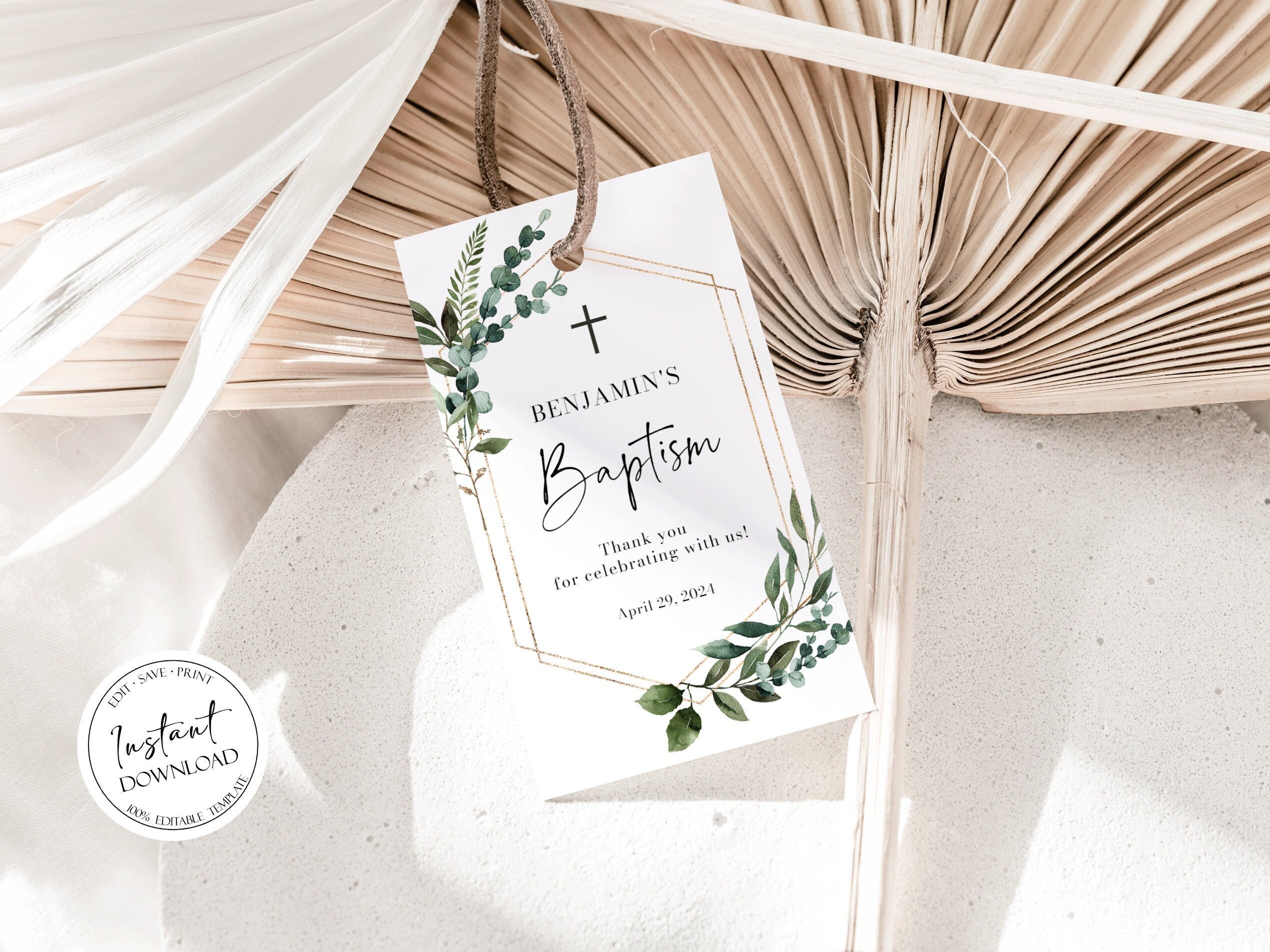 Greenery Baptism Favor Tag Template Editable Lush Greenery - Etsy
