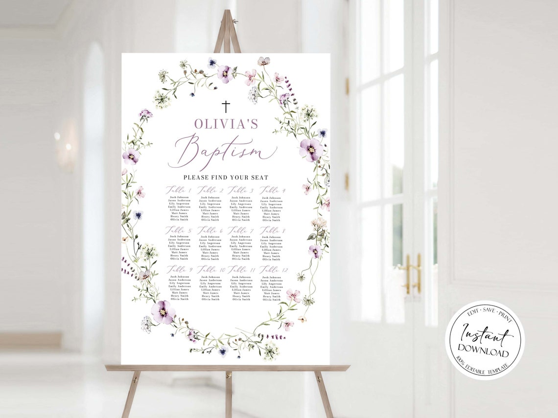 Wildflower Baptism Seating Chart, Wildflower Christening Seating Chart ...