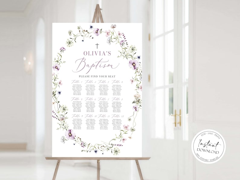 Wildflower Baptism Seating Chart, Wildflower Christening Seating Chart ...