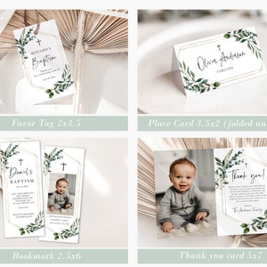 Greenery Gold Baptism Invitation Bundle, Editable Boy Christening ...