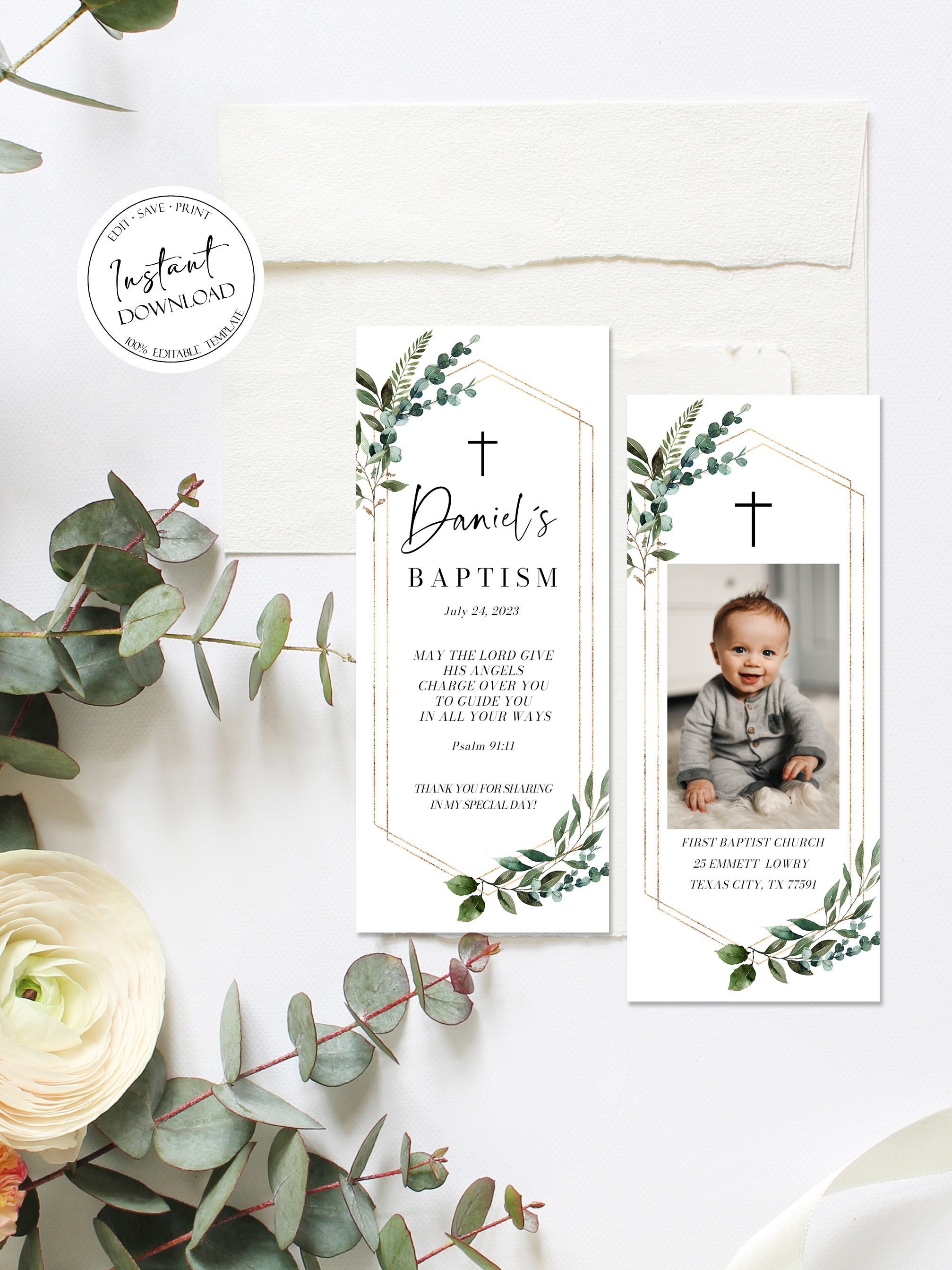 Greenery Baptism Bookmark Template Editable Baptism Bookmark - Etsy