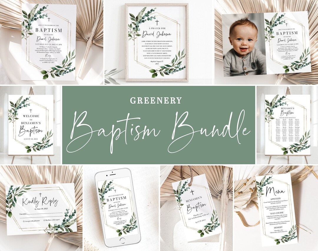 Greenery Gold Baptism Invitation Bundle, Editable Boy Christening ...