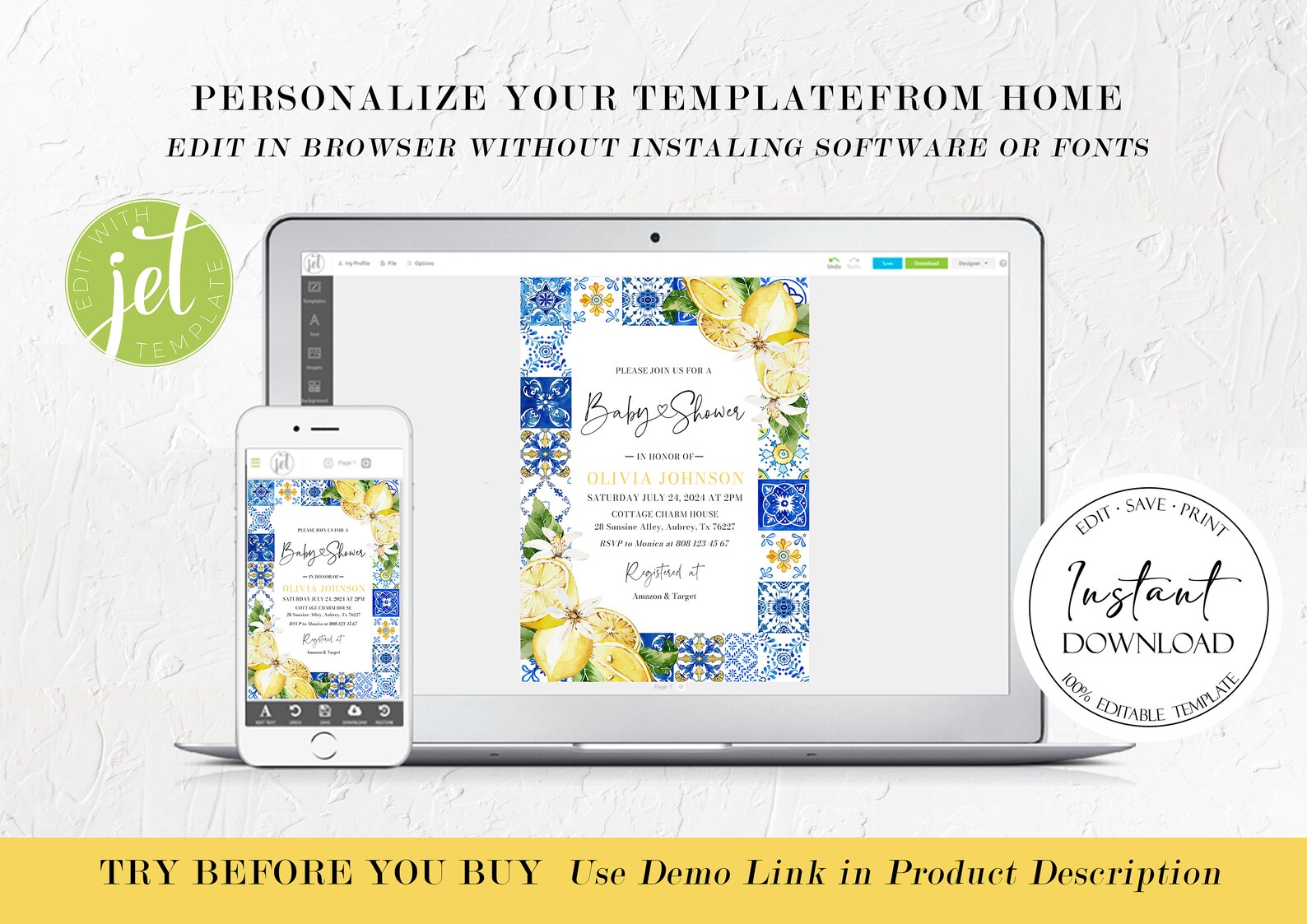 Positano Blue Tiles Lemon Baby Shower Invitation Template, Italian ...