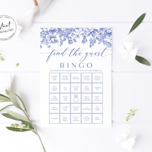 Blue Floral Find the Guest Bingo Bridal Shower Game, Printable Vintage ...