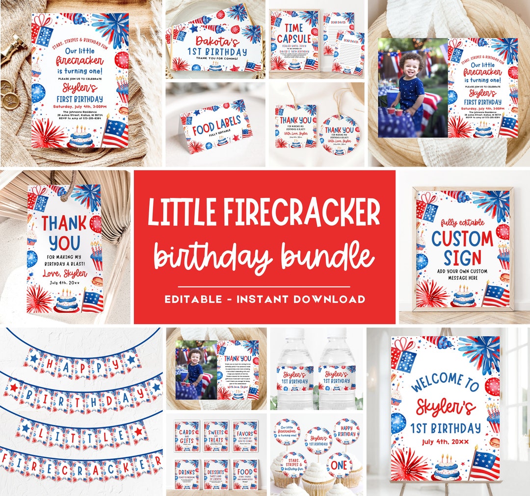 Little Firecracker 1st Birthday Invitation Bundle, 4th of July Birthday ...