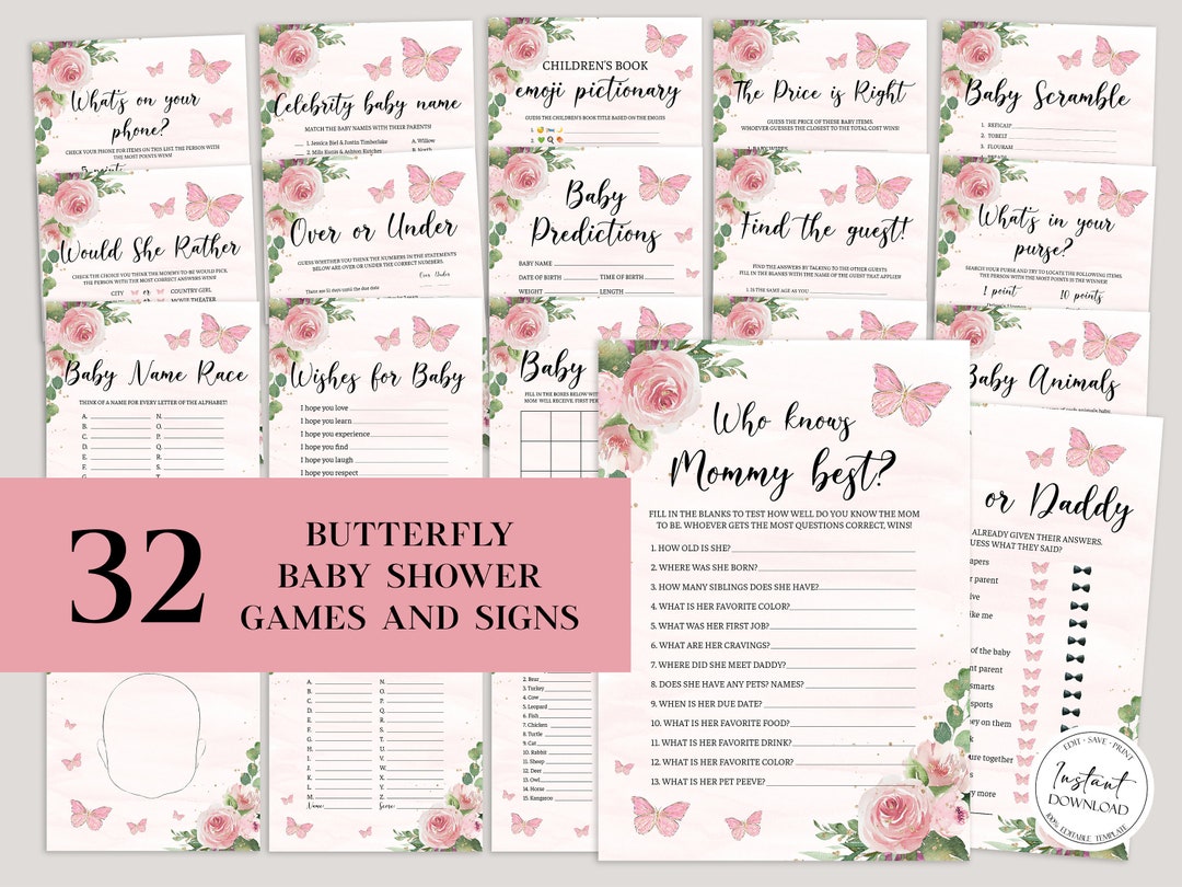 Butterfly Baby Shower Games Bundle, Whimsical Butterflies Blush Pink ...