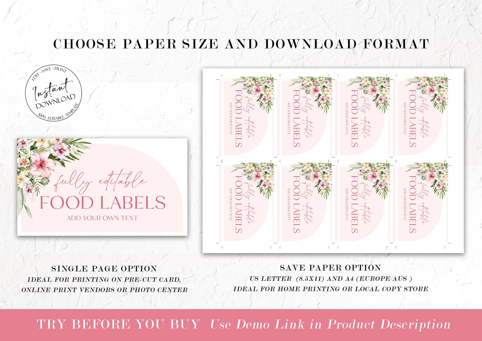 Hawaiian Food Labels Printable Modern Hot Pink Floral Food Tent Cards ...