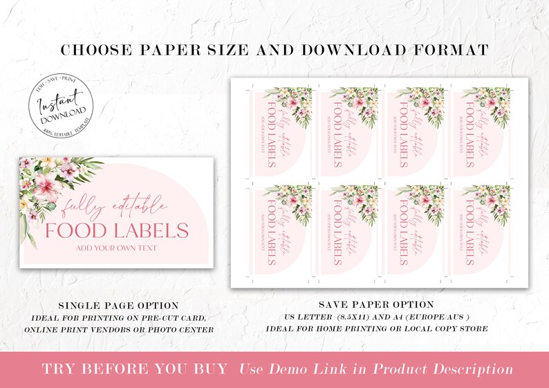 Hawaiian Food Labels Printable Modern Hot Pink Floral Food Tent Cards ...