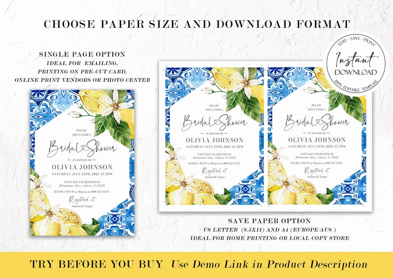 Italian Blue Tile Lemon Bridal Shower Invitation Template Mediterranean ...