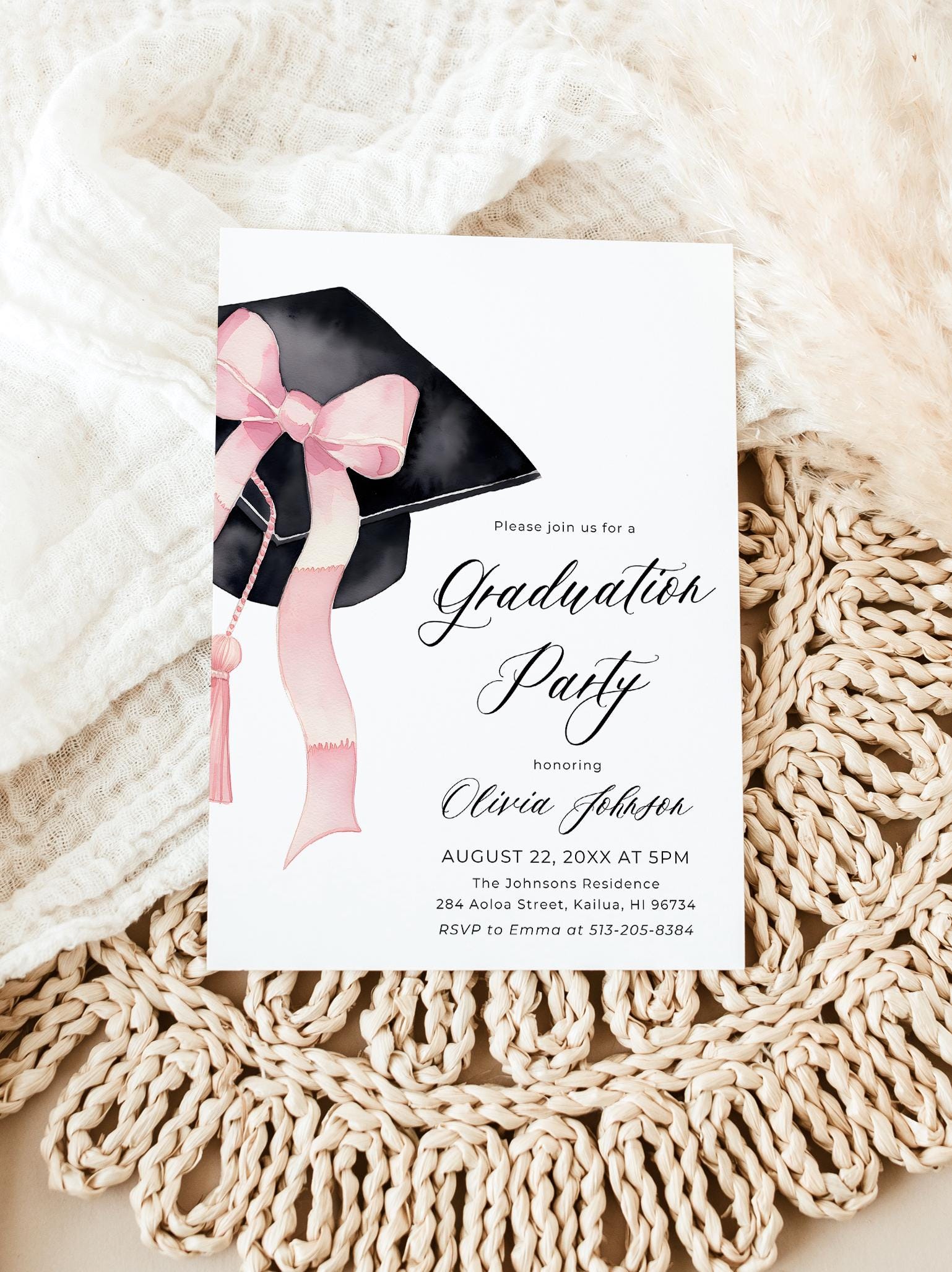 Pink Bow Graduation Cap Graduation Invitation, Class 2025 Graduate ...