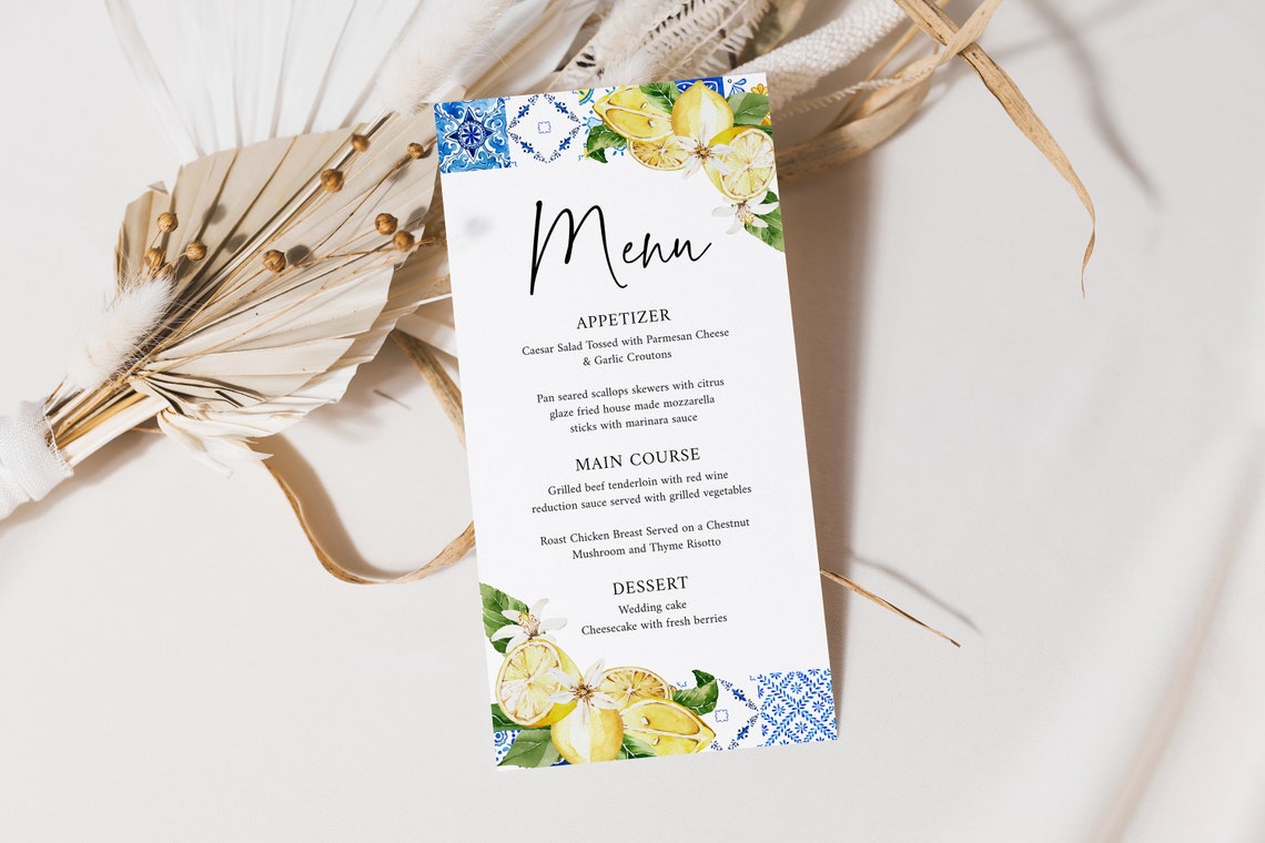 Blue Tiles Lemon Wedding Menu Template Editable Italian - Etsy