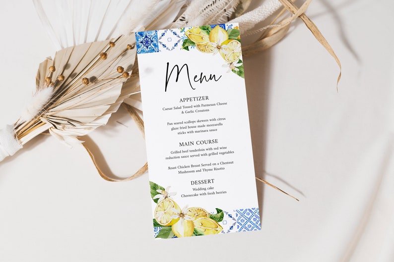 Blue Tiles Lemon Wedding Menu Template Editable Italian - Etsy