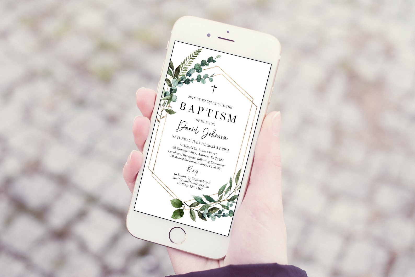 Digital Baptism Invitation Editable Greenery Gold Baptism Evite ...