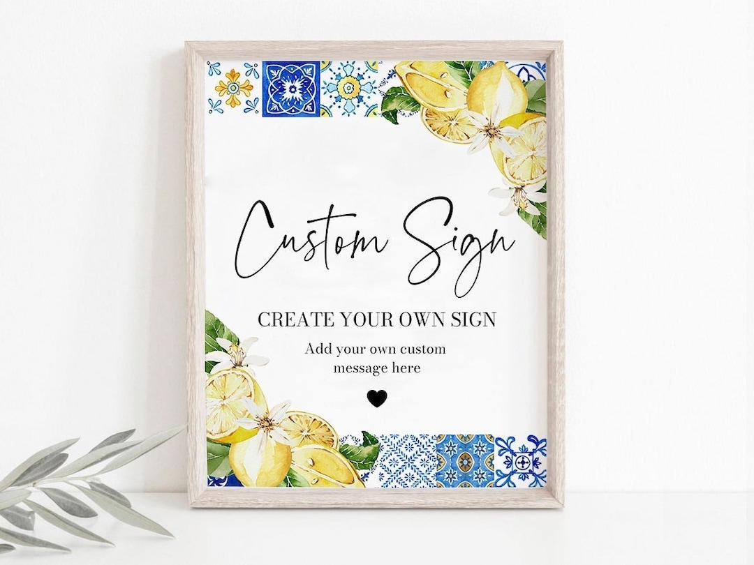 EDITABLE Blue Tiles Lemons Custom Sign Template, Positano Table Sign ...