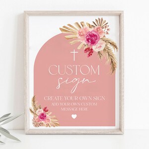 Pink Girl Boho Custom Baptism Sign Template Editable Arch Boho Pampas ...