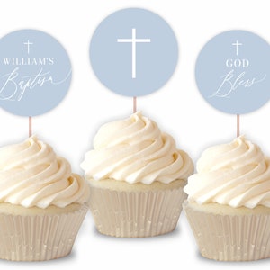 Dusty Blue Baptism Cupcake Toppers, Editable Christening Cupcake ...