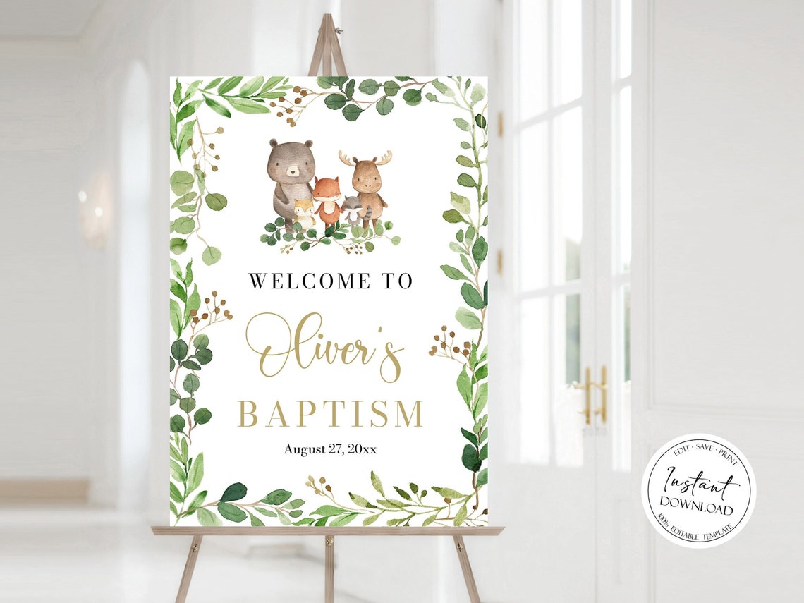 Baptism Welcome Sign Template Animals Greenery Baptism Sign - Etsy