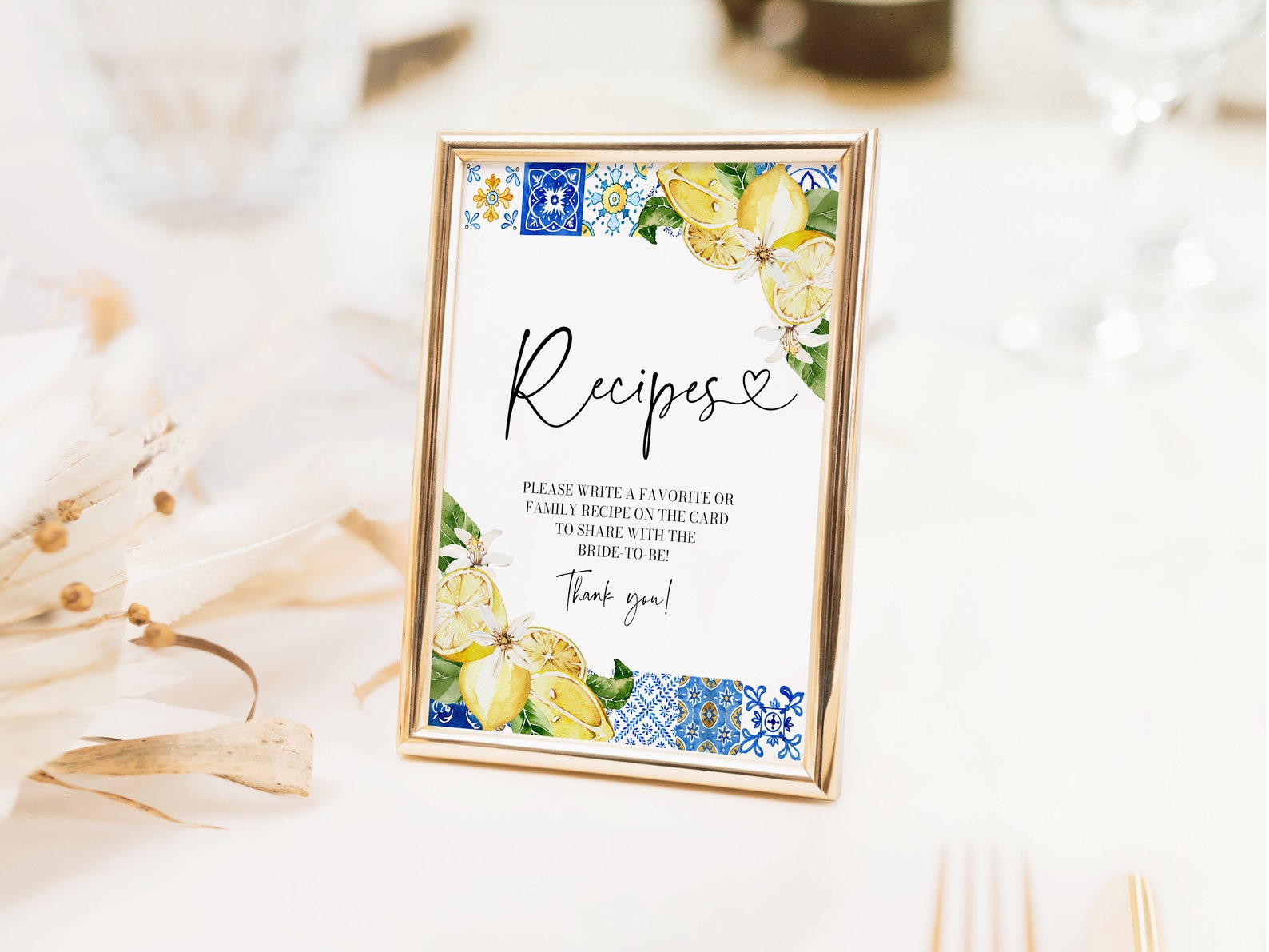 Italian Blue Tile Lemon Bridal Shower Recipe Card Template ...