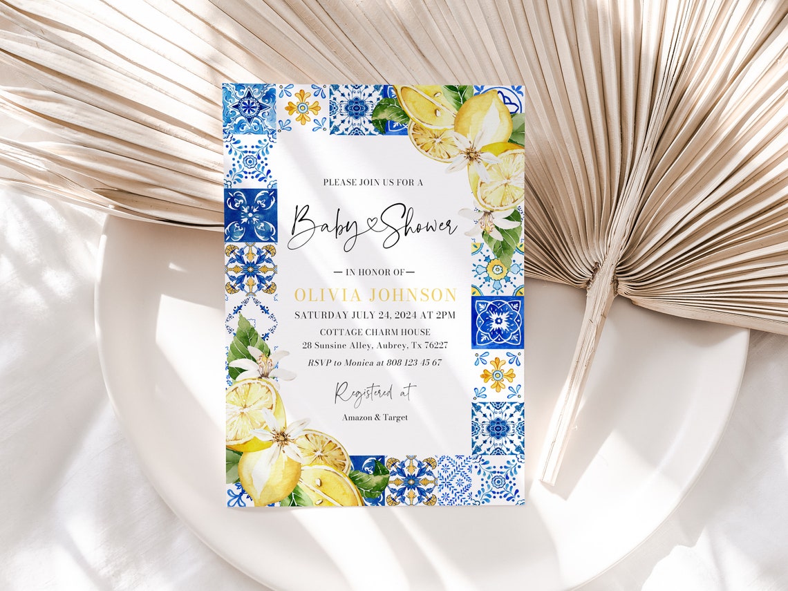 Positano Blue Tiles Lemon Baby Shower Invitation Bundle Template ...