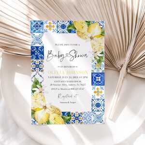 Positano Blue Tiles Lemon Baby Shower Invitation Bundle Template ...