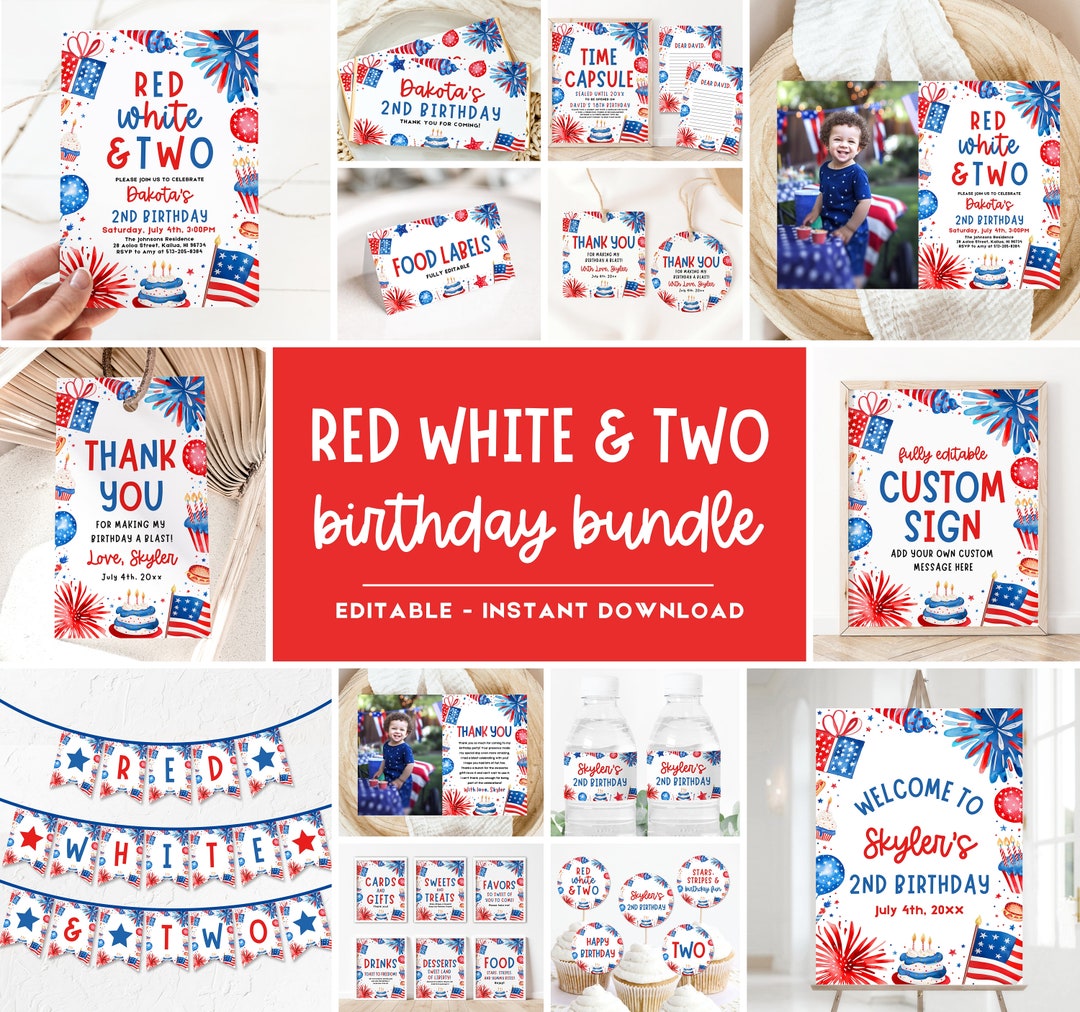 Red White and Two Birthday Invitation Bundle, 4th of July 2nd Birthday ...