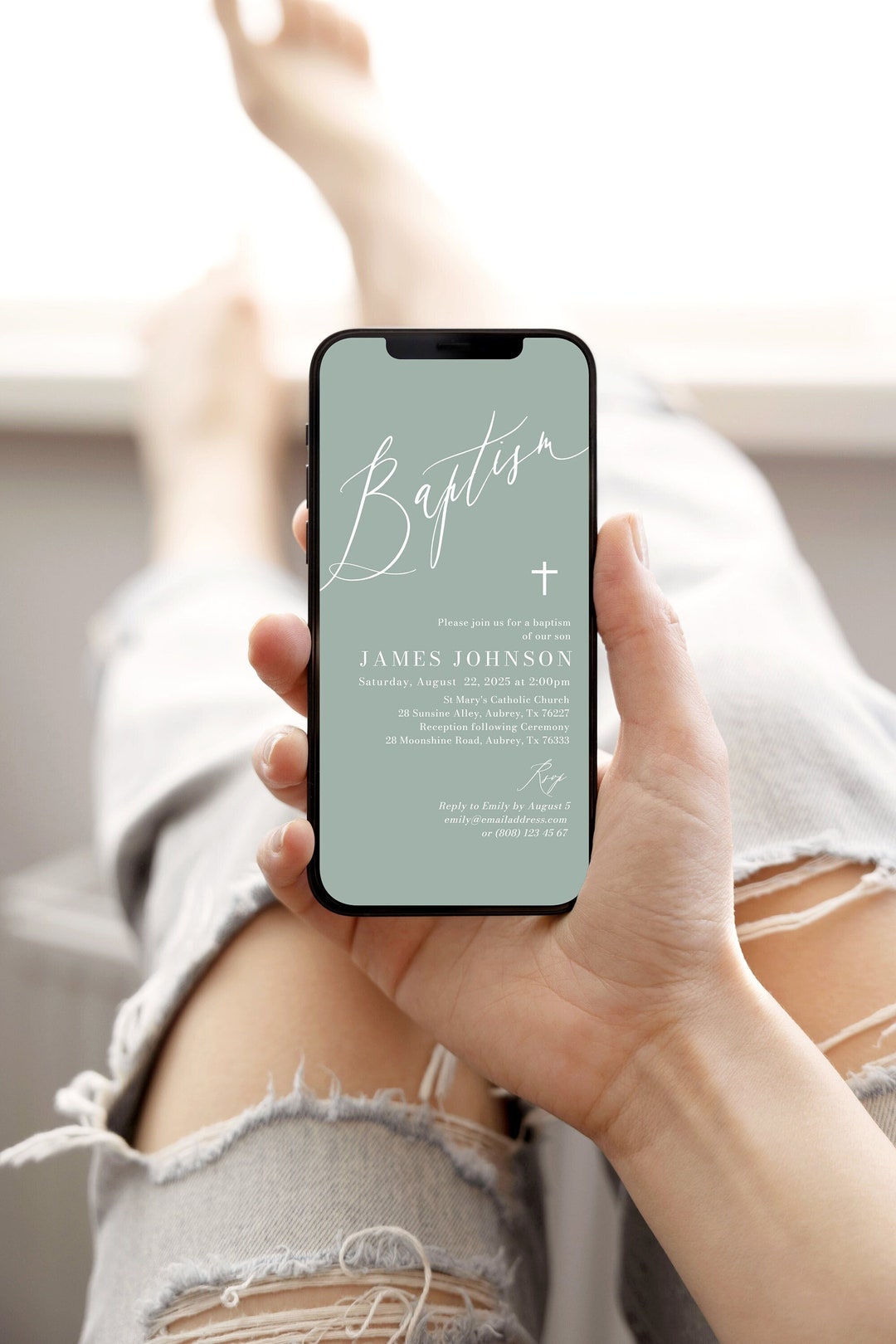 Digital Baptism Invitation, Sage Green Baptism Text Invitation White ...