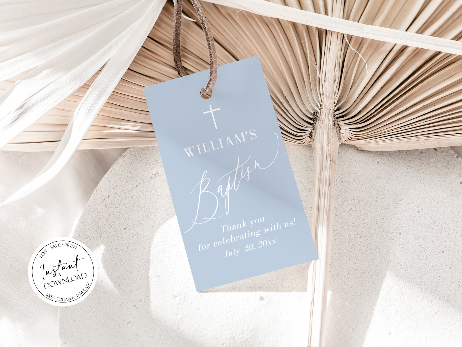 Dusty Blue Baptism Favor Tag Template, White Cross Dusty Blue ...