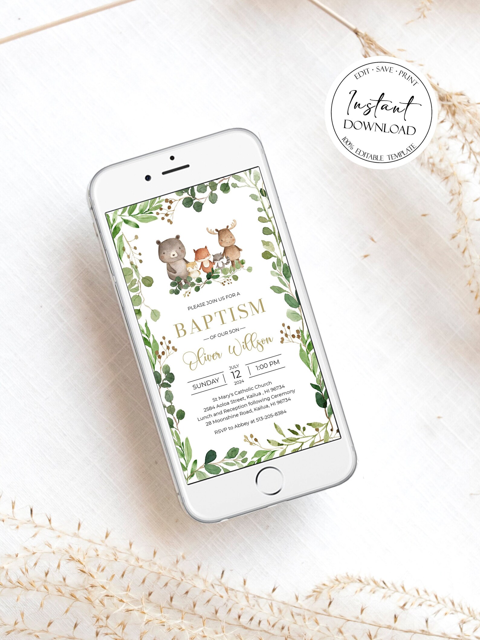 Digital Baptism Invitation Greenery Animals Baptism Evite - Etsy