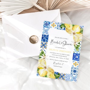 Italian Blue Tile Lemon Bridal Shower Invitation Template Mediterranean ...