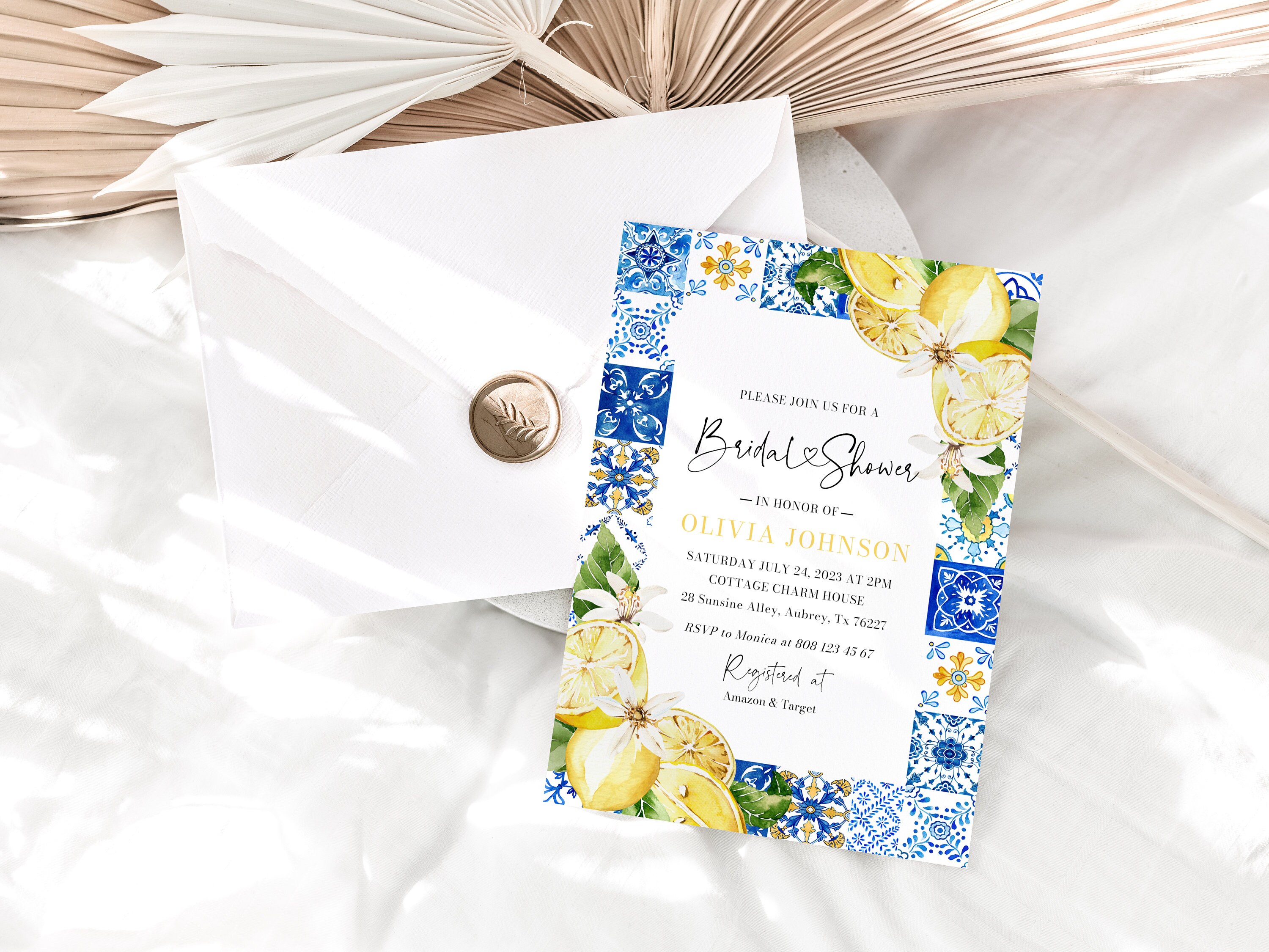 Italian Blue Tile Lemon Bridal Shower Invitation Template Mediterranean ...
