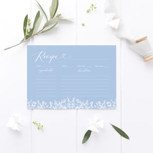Dusty Blue White Floral Recipe Card, Vintage Floral Bridal Shower ...