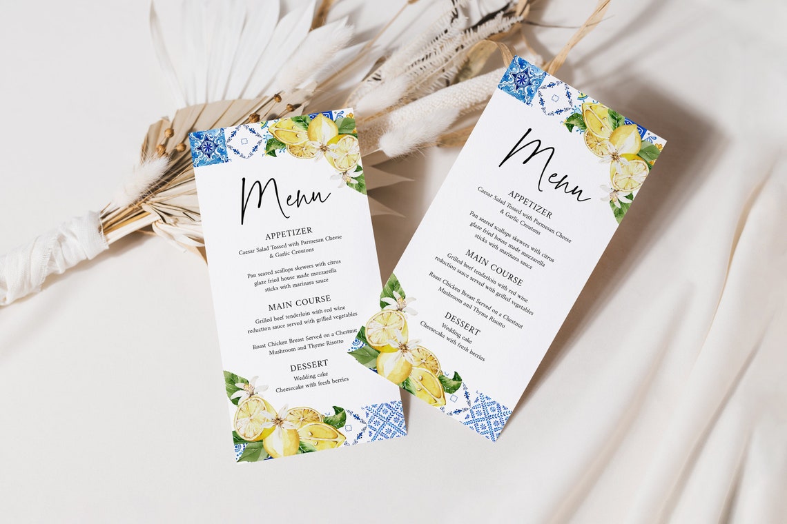 Blue Tiles Lemon Wedding Menu Template Editable Italian - Etsy