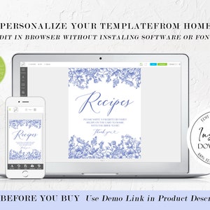 Blue Floral Recipe Card Template, Editable Blue Vintage Floral Bridal ...