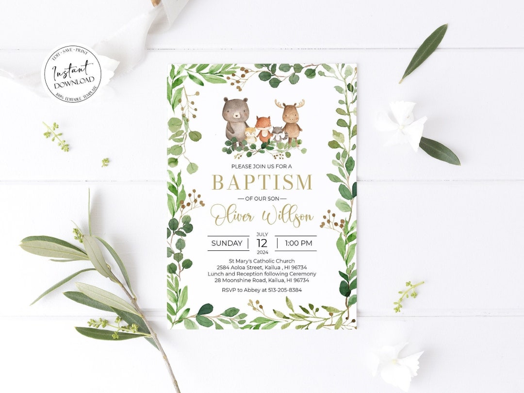 Baptism Invitation, Animal Baptism Invitation, Woodland Baptism ...