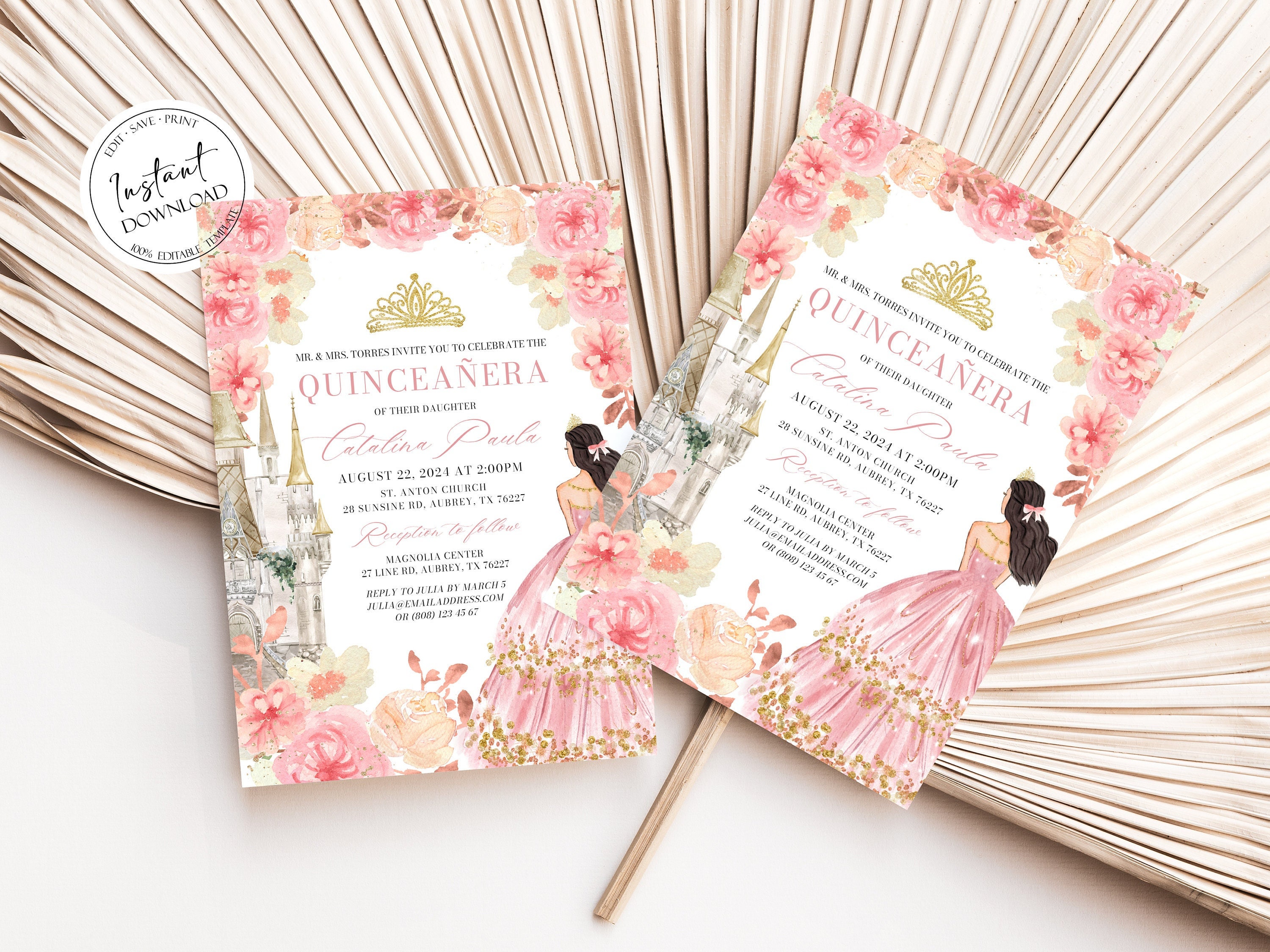 Blush Pink Floral Quinceanera Invitations Princess Tiara - Etsy