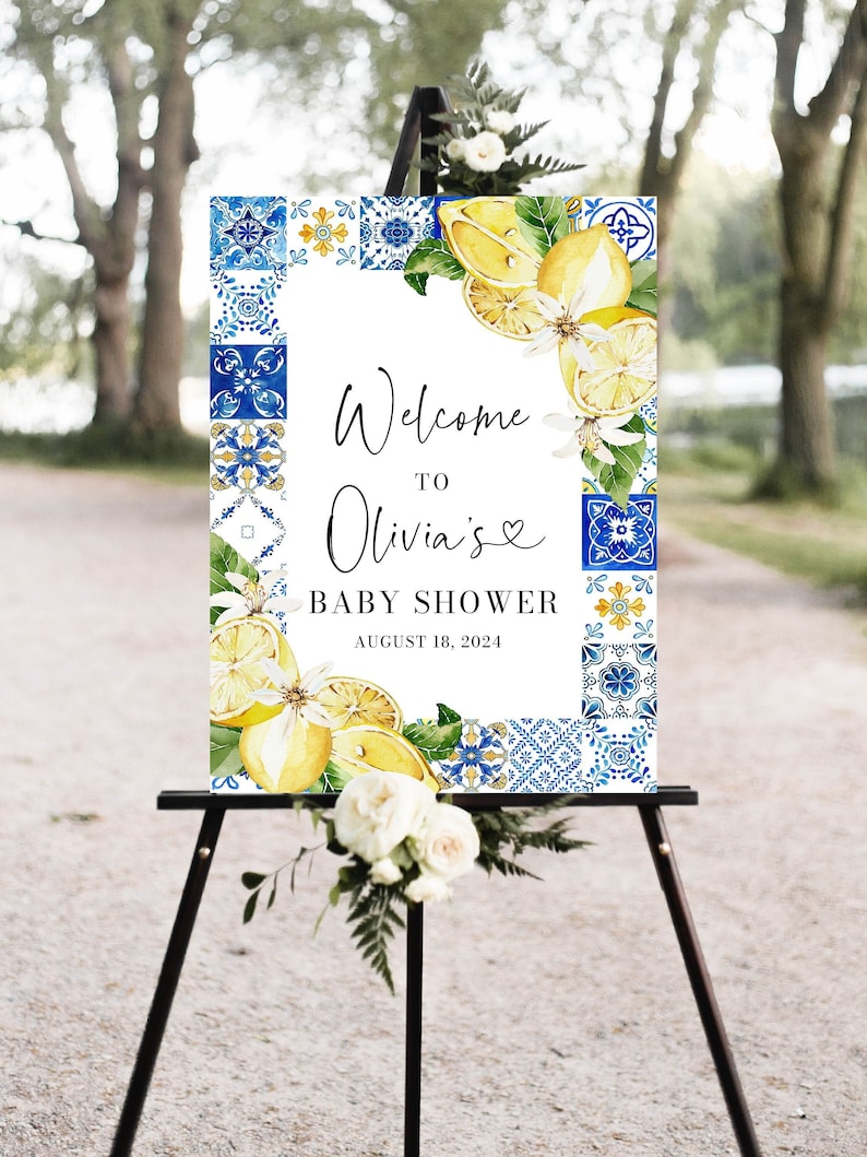 Blue Tiles Lemon Baby Shower Welcome Sign Template, Editable Italian ...