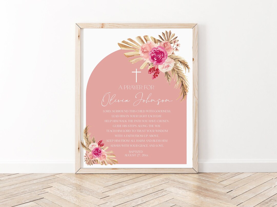 Arch Boho Pampas Grass Baptism Prayer Sign Template, Pink Girl Boho ...
