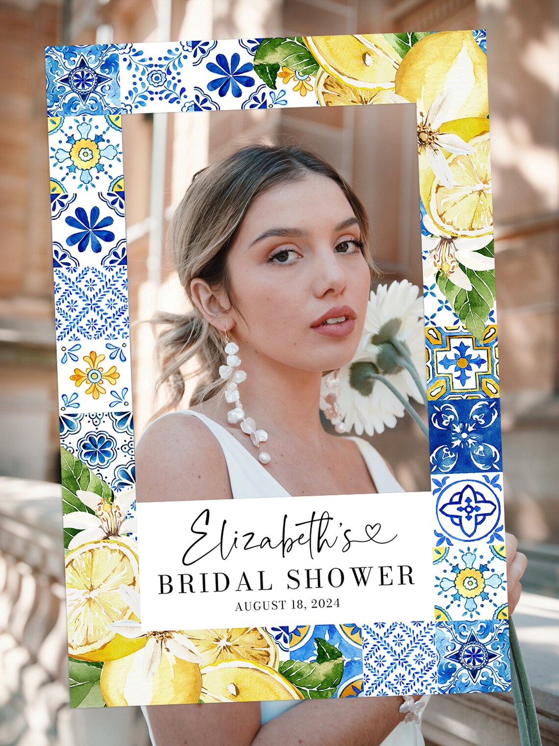 Blue Tiles Lemon Bridal Shower Photo Booth Frame, Editable Italian ...