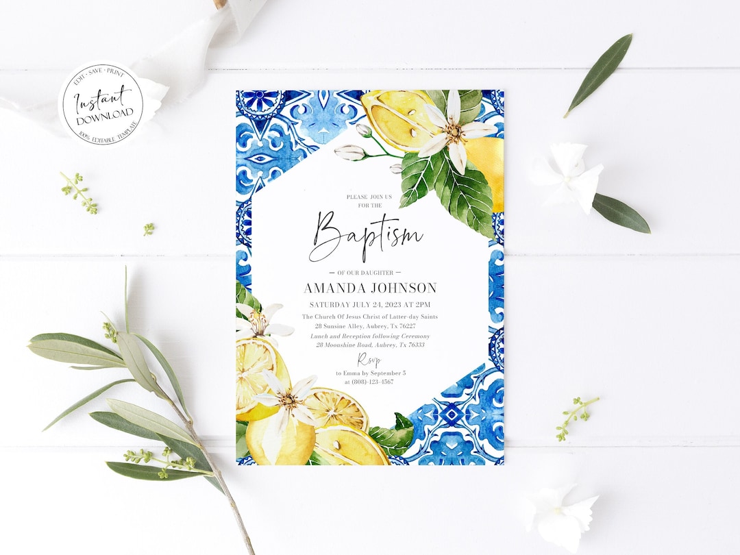 Blue Tile Lemon Baptism Invitation Template, Editable Mediterranean ...