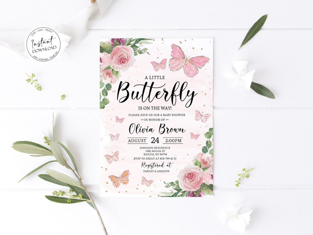 Editable Blush Pink Butterfly Birthday Invitation Whimsical - Etsy