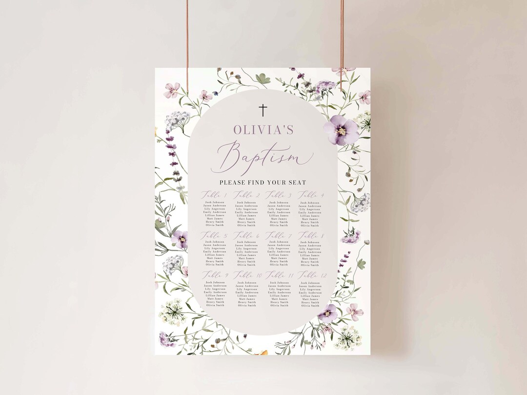Wildflower Baptism Seating Chart Template, Wildflower Christening ...