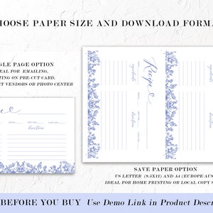 Blue Floral Recipe Card Template, Editable Blue Vintage Floral Bridal ...