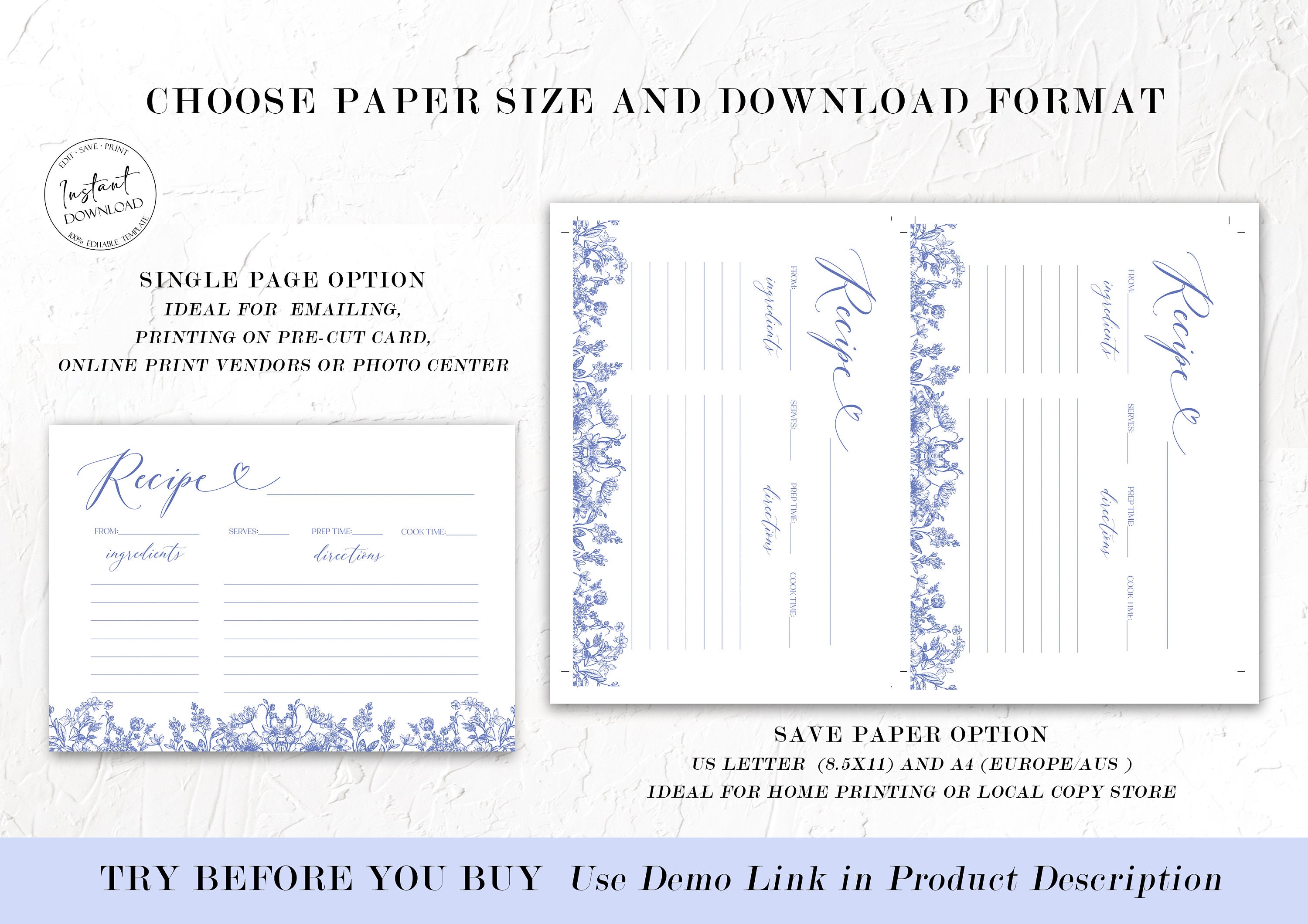 Blue Floral Recipe Card Template, Editable Blue Vintage Floral Bridal ...