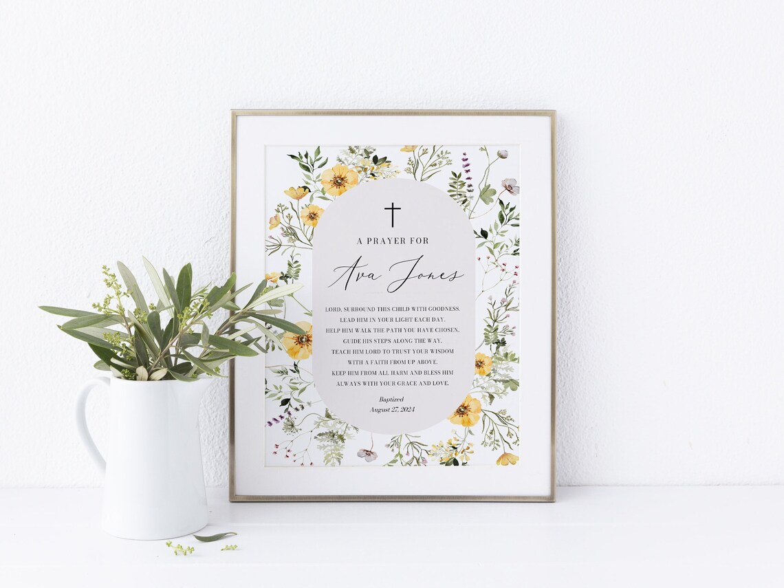 Wildflower Baptism Prayer Sign, Yellow Floral Greenery Cross ...