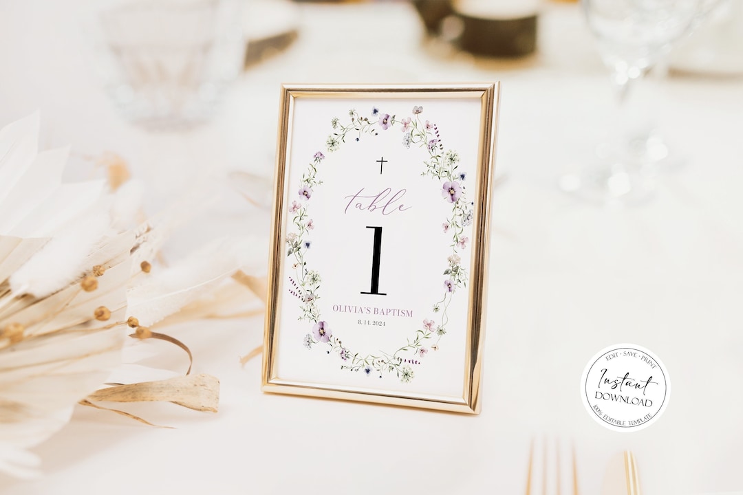 Wildflower Baptism Table Numbers Template, Pink Wildflower Table Number ...